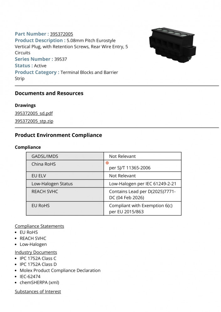 MOLEX 395372005 technical document page 1