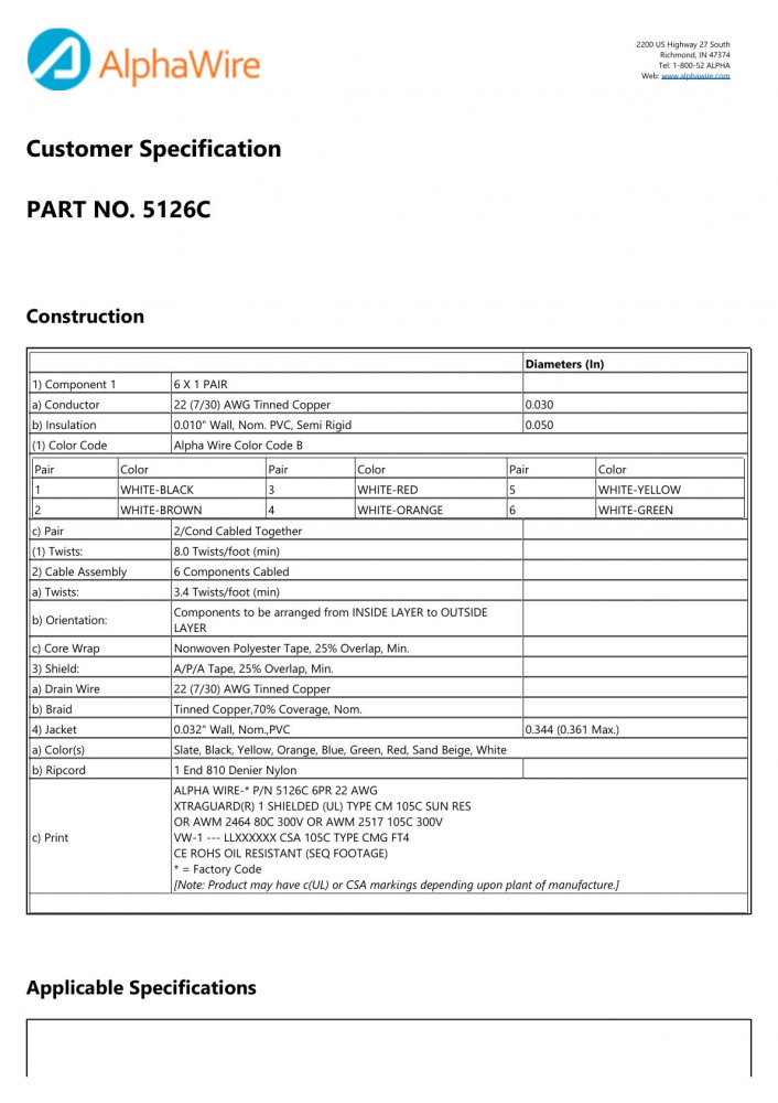Alpha Wire 5126C technical document page 1