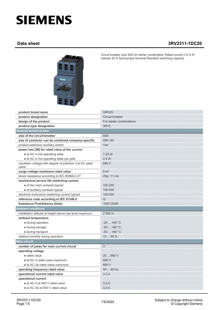3RV23111DC20 technical document page 1