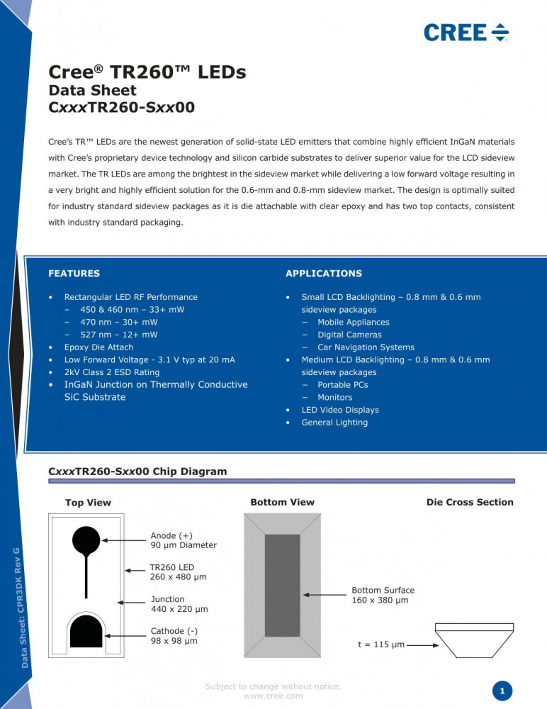 Cree TR260 datasheet page 1