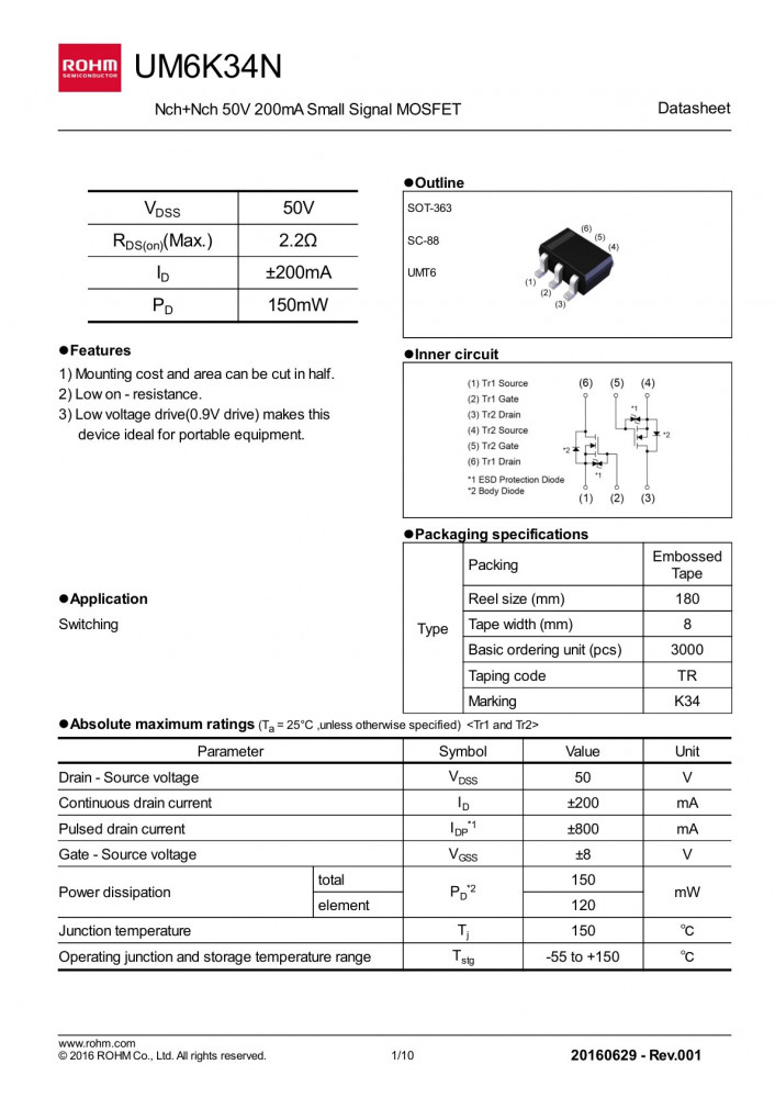 UM6K34NTCN datasheet page 1