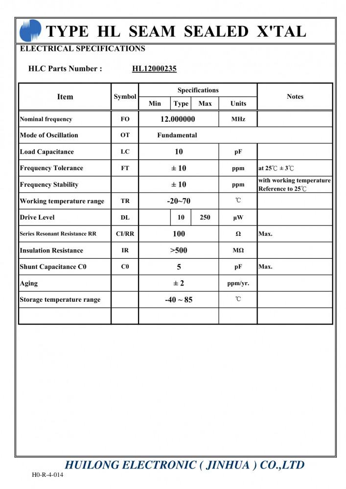 HL12000235 specification page 2
