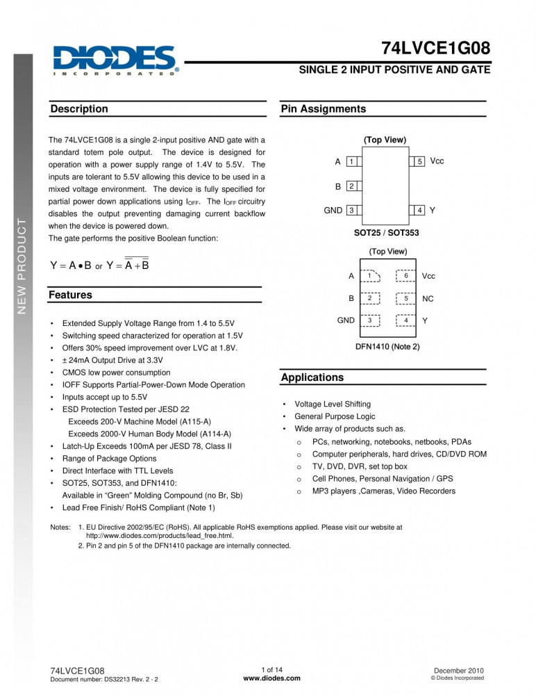 74LVCE1G08SE-7 datasheet page 1