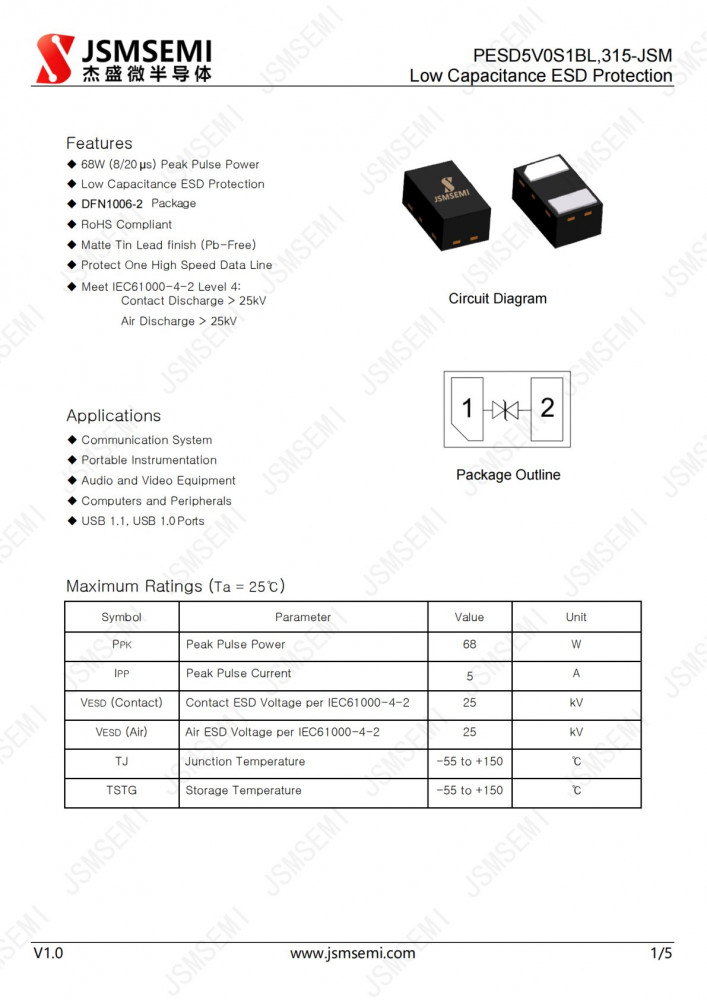 PESD5V0S1BL,315-JSM datasheet page 1