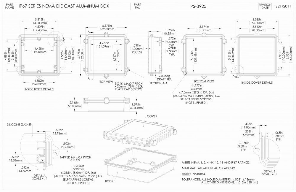 Bud Industries IPS-3925 enclosure technical drawing