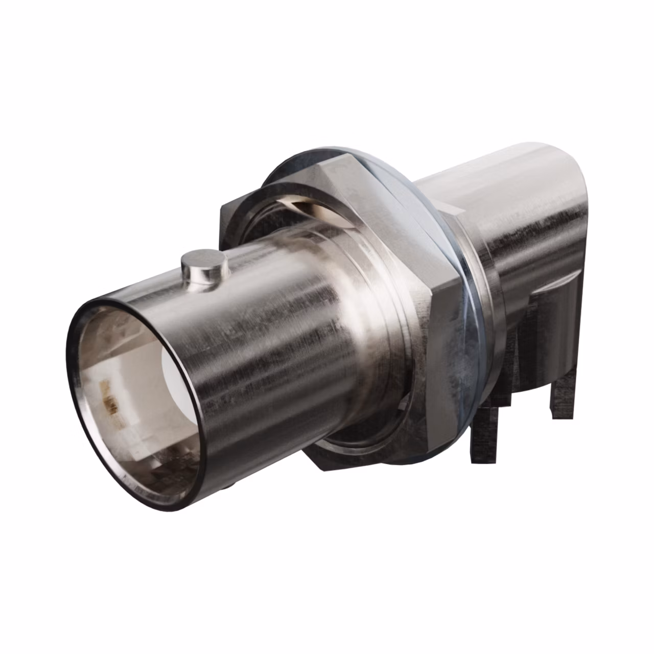 BNC Jack, Right-Angle, Bulkhead Receptacle, PCB, Die Cast Body, Tin (Sn) Plated, with Washer and Nut, 50 Ohms for sale