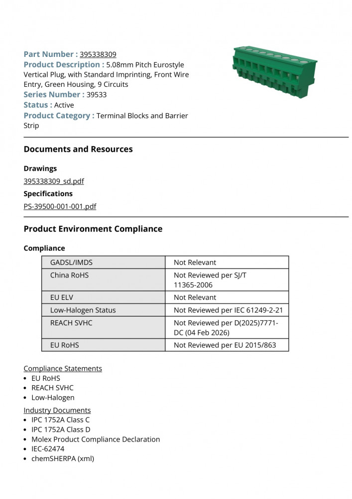MOLEX ESE Eurostyle terminal block specification page 1