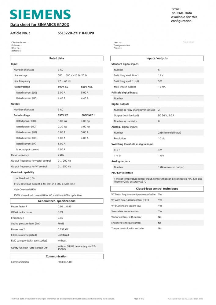 SIEMENS 6SL3220-2YH18-0UP0 datasheet page 1