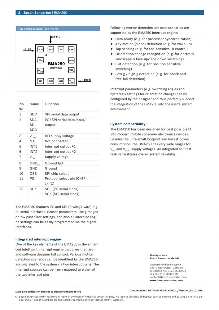 BMA250 technical document page 2