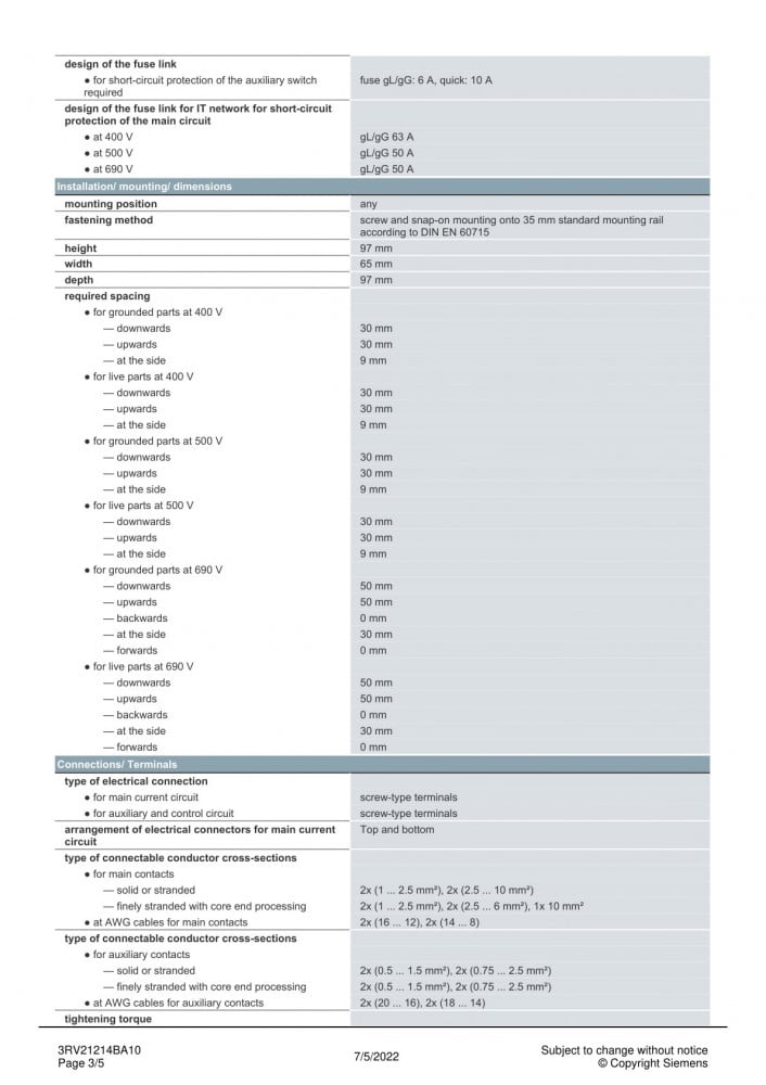 3RV21214BA10 datasheet page 3