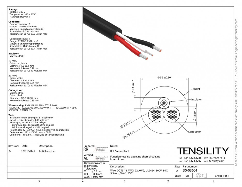 Tensility International 30-03601 cable specification drawing
