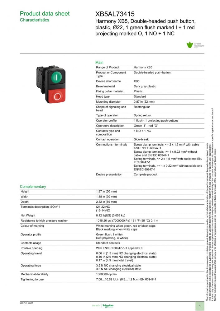 XB5AL73415 technical document page 1