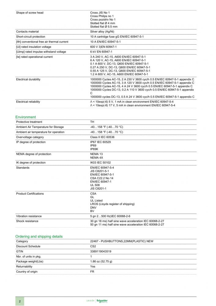 XB5AL73415 technical document page 2