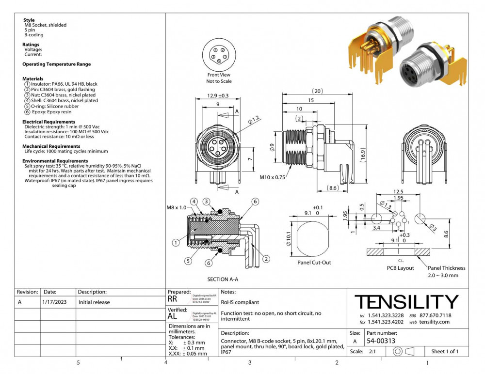 Tensility 54-00313 product drawing, M8 B-coded five-pin right-angle PCB socket
