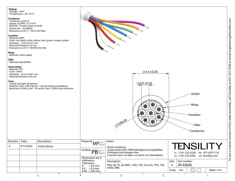 Tensility International 30-02826 cable drawing and specification page