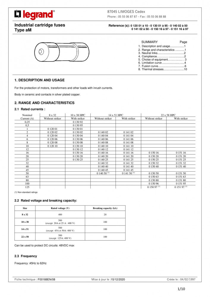 Legrand industrial aM cartridge fuse datasheet, page 1