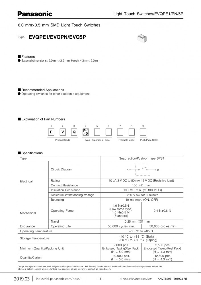 PANASONIC EVQPE104K product specification page