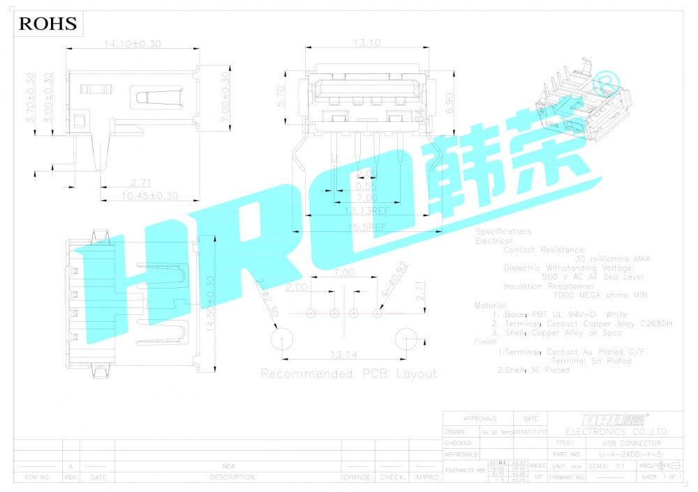 Korean Hroparts Elec U-A-24DD-Y-5 USB connector technical drawing