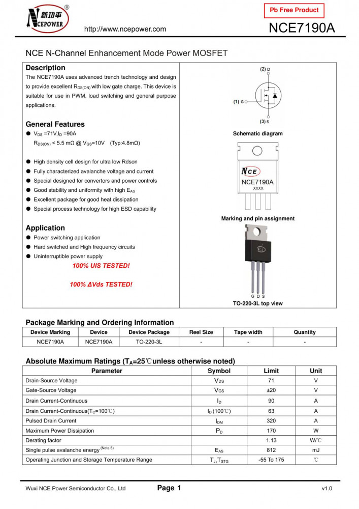 NCE7190A datasheet page 1