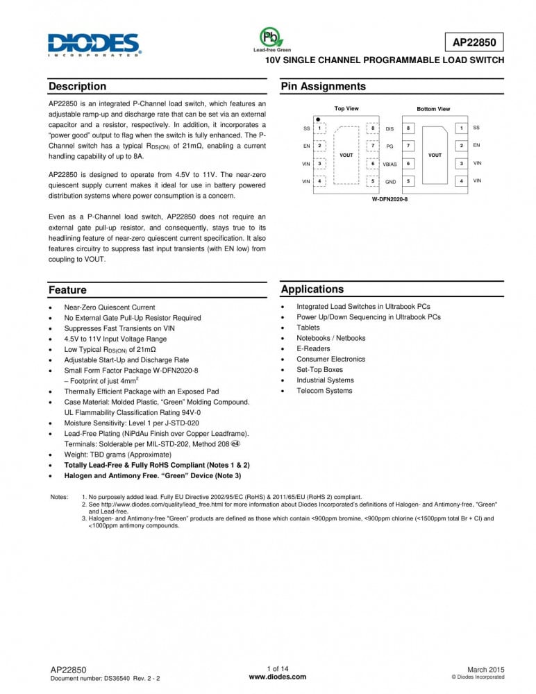 AP22850SH8-7 datasheet page 1