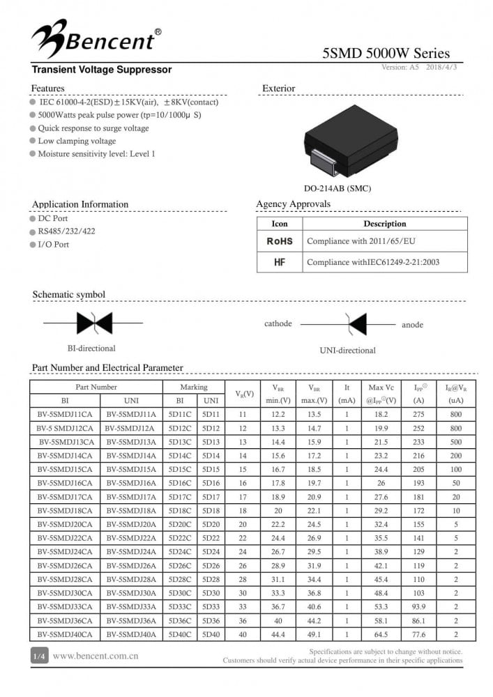 Bencent BV-5SMDJ26CA datasheet page 1