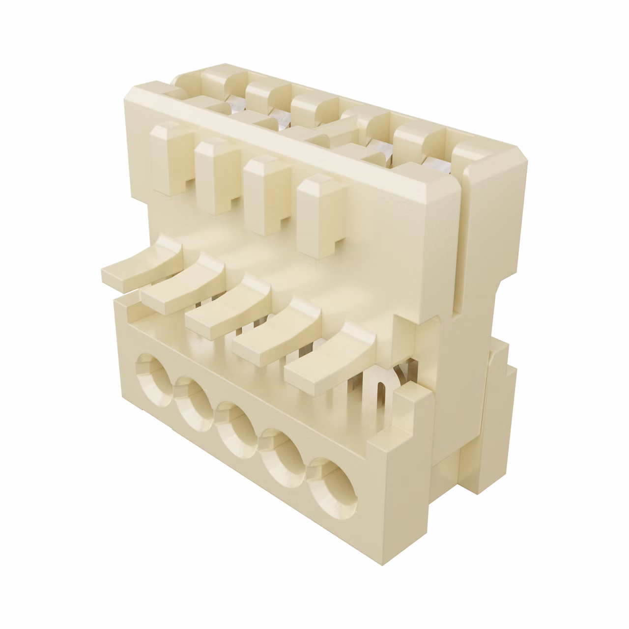 Appli-Mate RAST 2.5 Connector, 2.50mm Pitch, Female, 5 Circuits, Positions A and F Removed, Polarizing Rib Between 3/4, Locking Pips, Slotted Endwalls, Tin Plating for sale