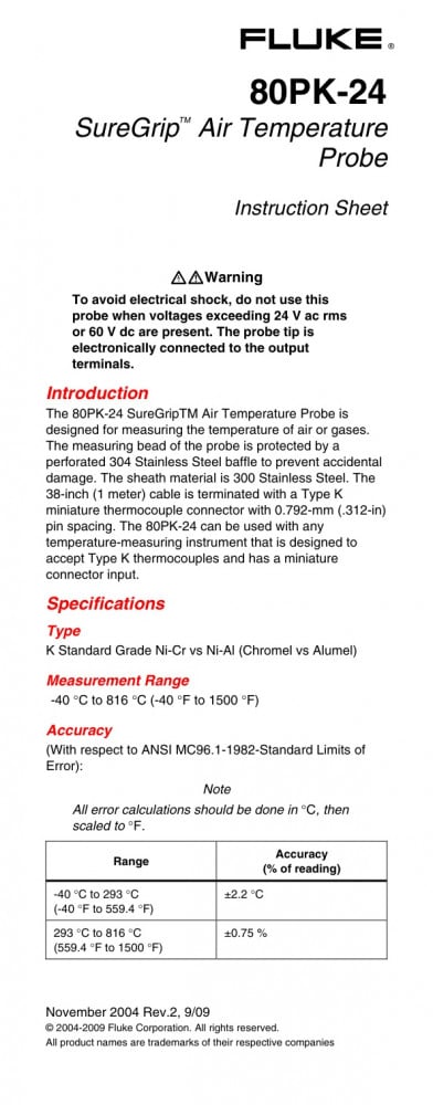 FLUKE 80PK-24 instruction sheet page 1