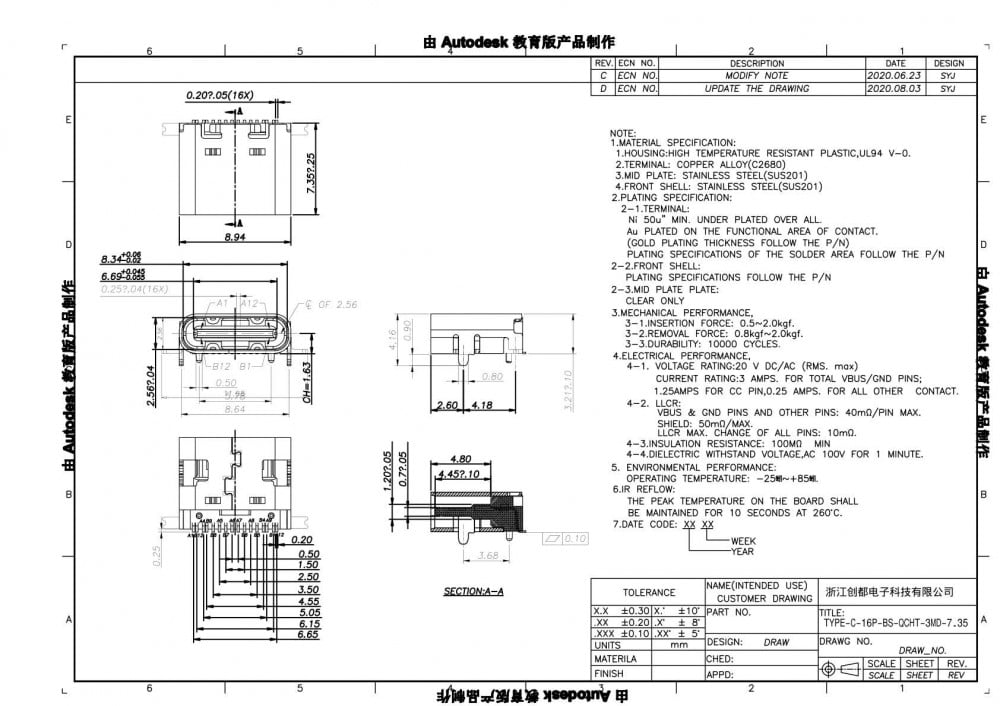 CAX TYPE-C-16P-BS-QCHT-3MD-7.35 drawing page 1