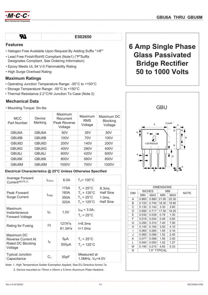 GBU6K-BP datasheet page 1