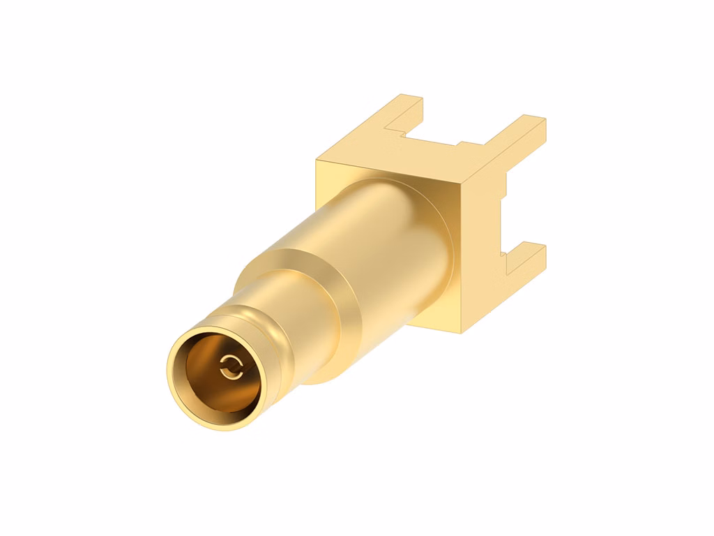 DIN 1.0/2.3 (41626), Jack, Right-Angle, PCB Receptacle, Through Hole, Brass Body, Gold (Au) Plated, With Snap Ring, Tray, 50 Ohms