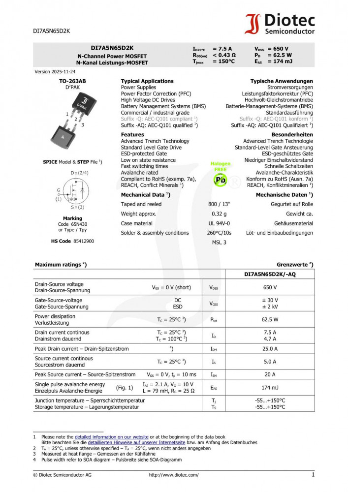 DIOTEC DI7A5N65D2K-AQ datasheet page 1