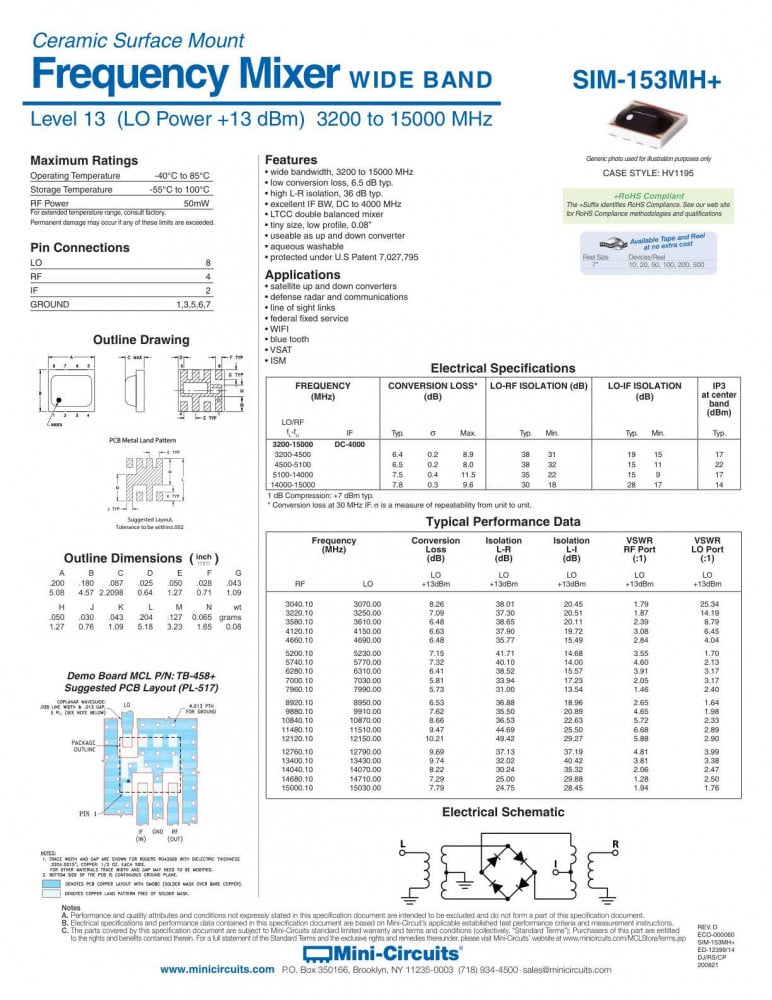 SIM-153MH+ technical datasheet page 1