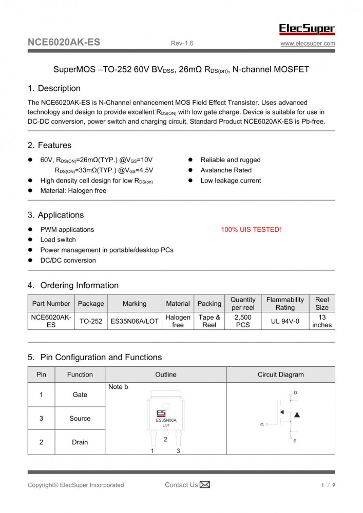 NCE6020AK-ES datasheet page 1