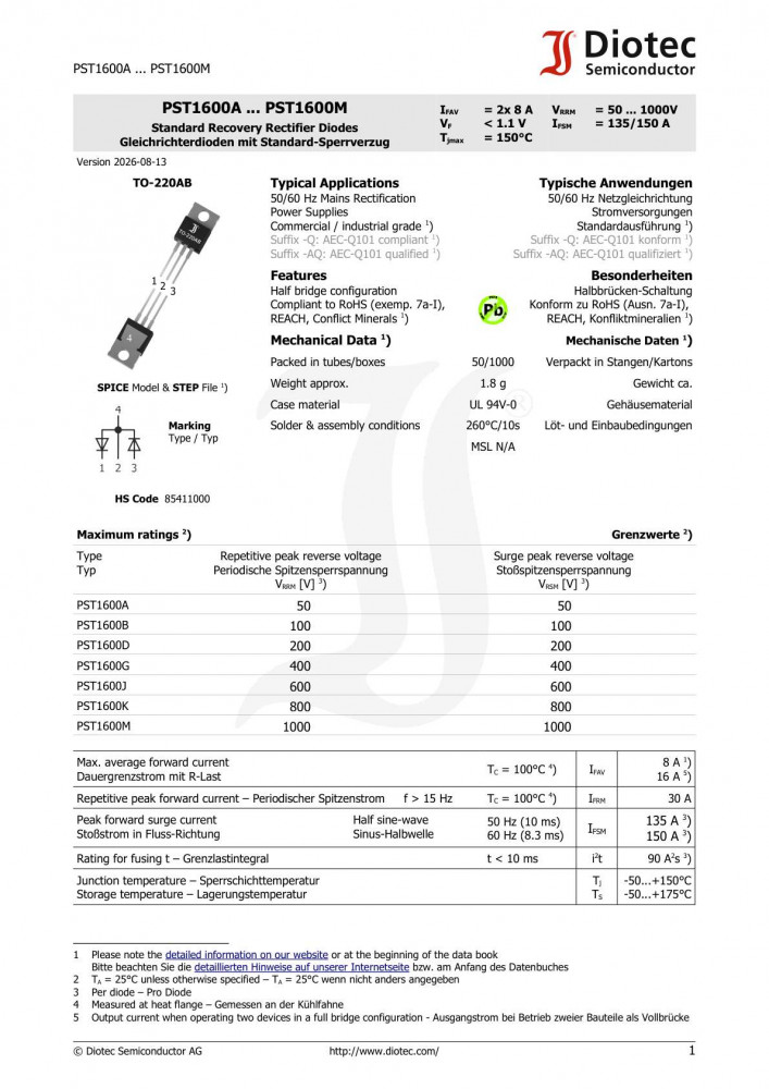 PST1600J technical document page 1