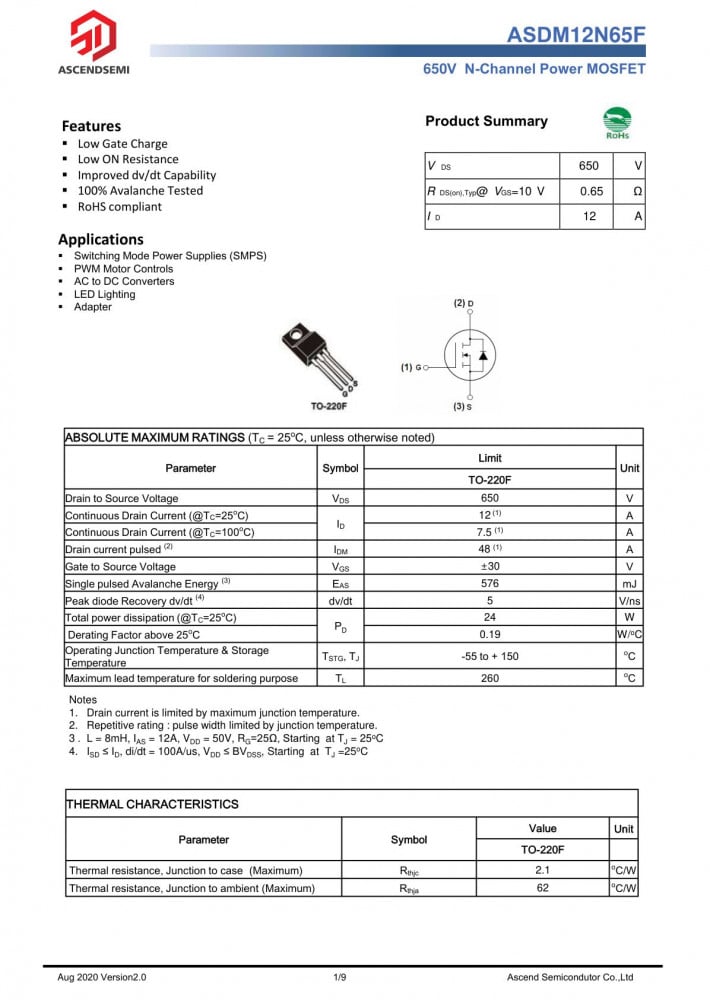 ASDM12N65F-T datasheet page 1