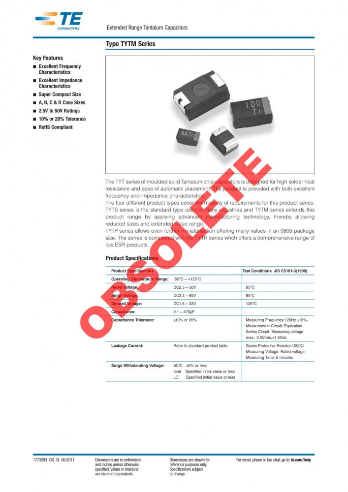 TE Connectivity TYTM series technical document page