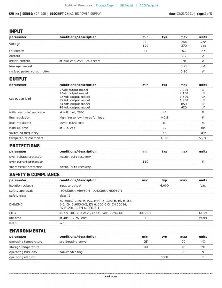 CUI VOF-20B series datasheet page 2