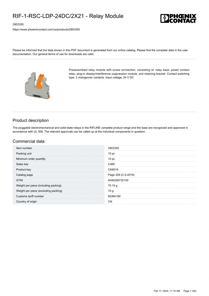 Phoenix Contact 2903350 datasheet page 1