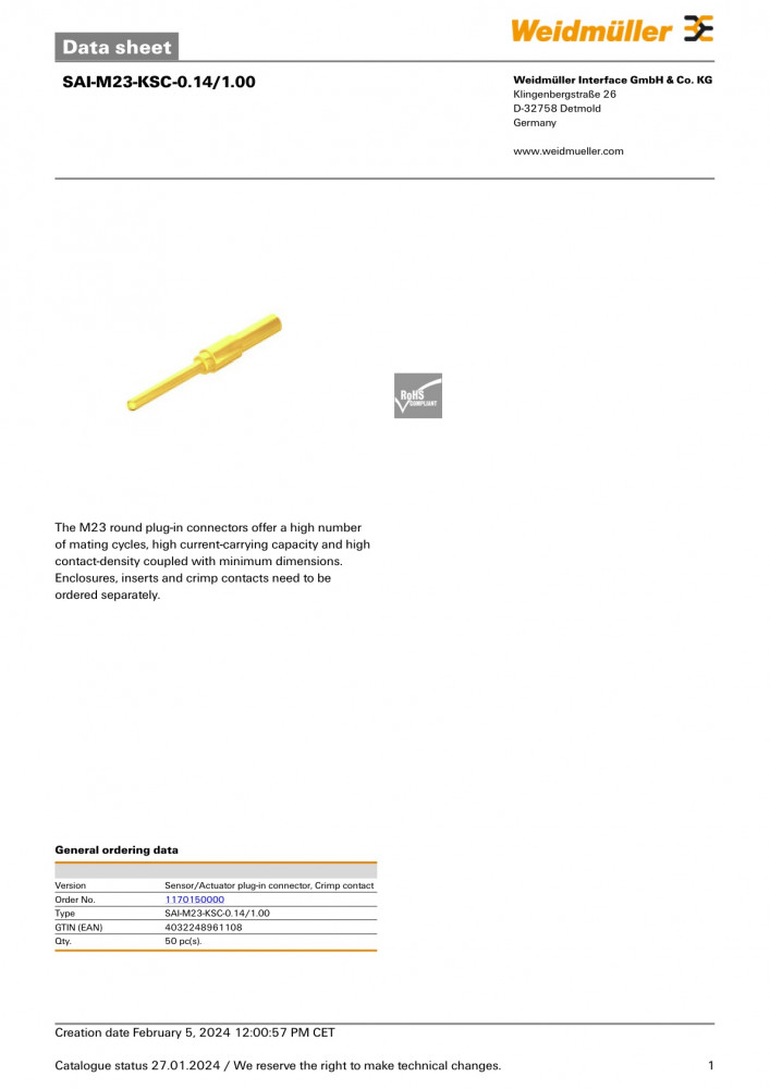 WEIDMULLER 1170150000 documentation page 1