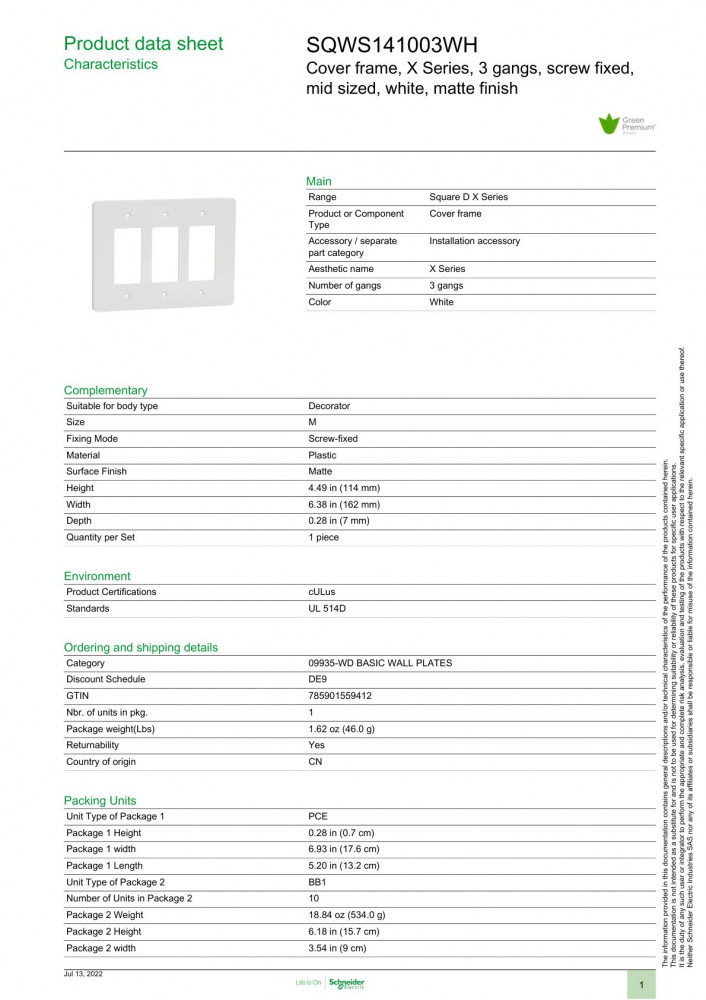 SQWS141003WH technical document page 1