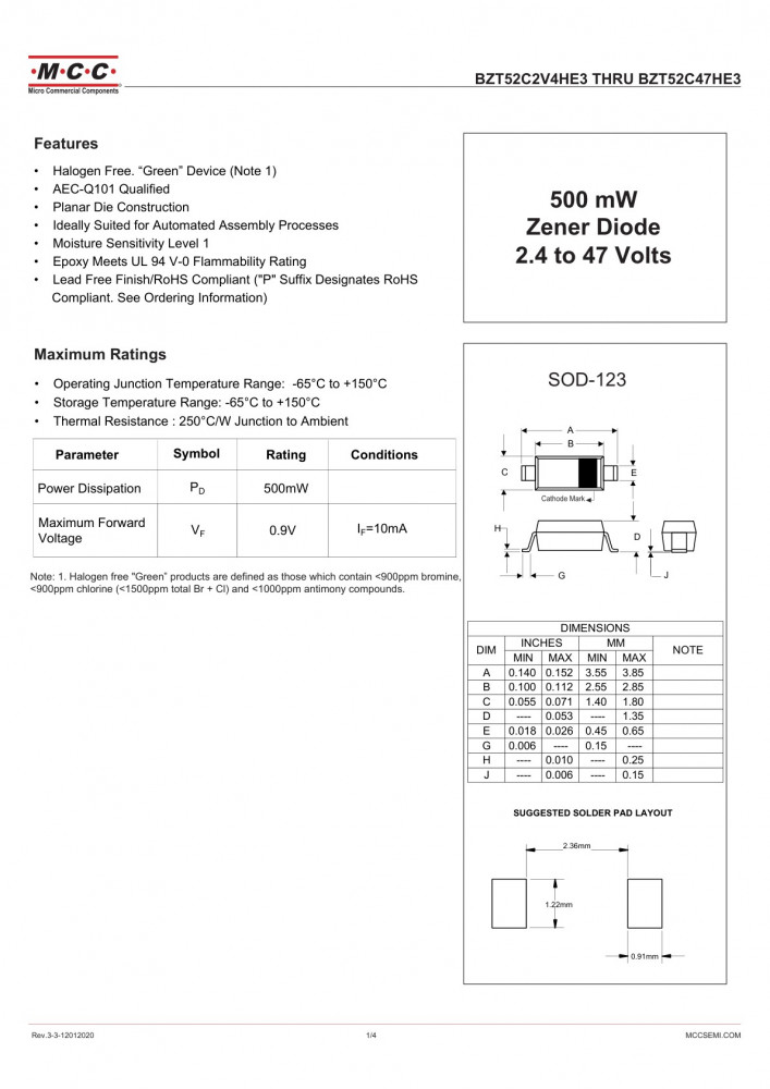 MCC BZT52C3V0HE3-TP datasheet page 1