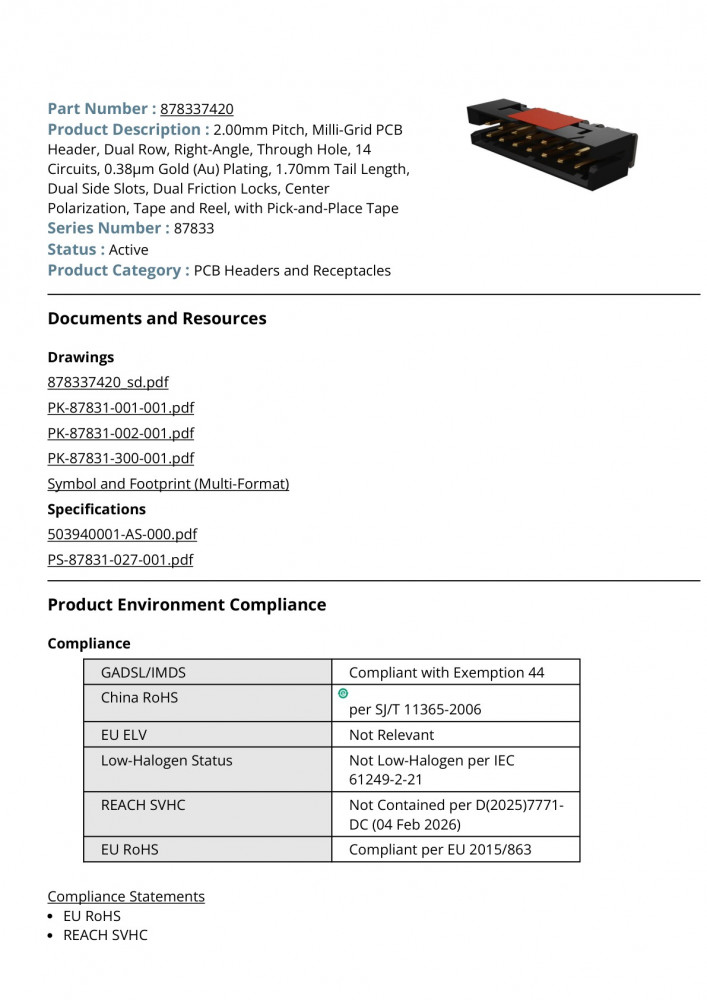 MOLEX 878337420 technical document preview, page 1