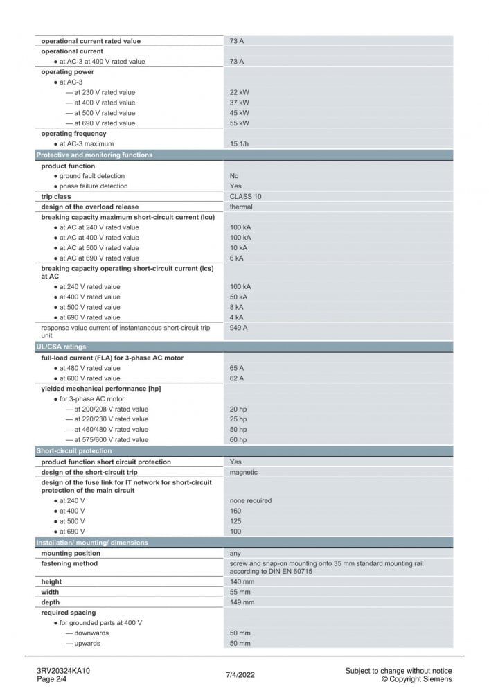 3RV2032-4KA10 datasheet page 2