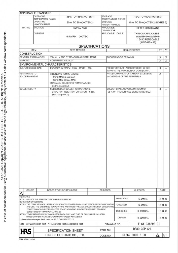 HRS DF80-30P-SHL specification sheet