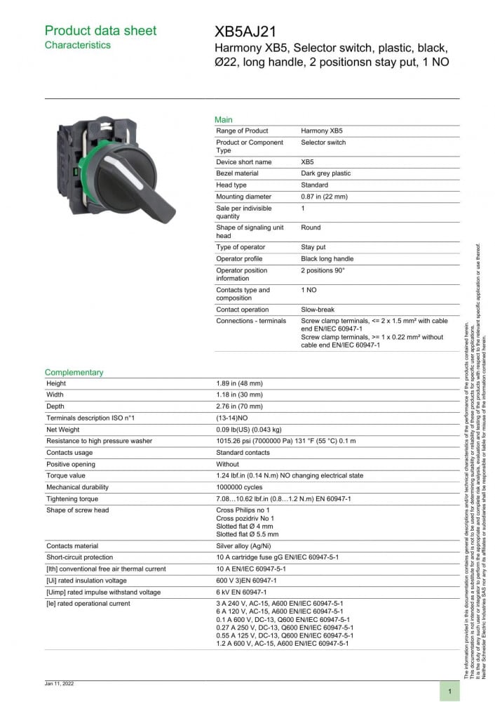 XB5AJ21 technical document page 1