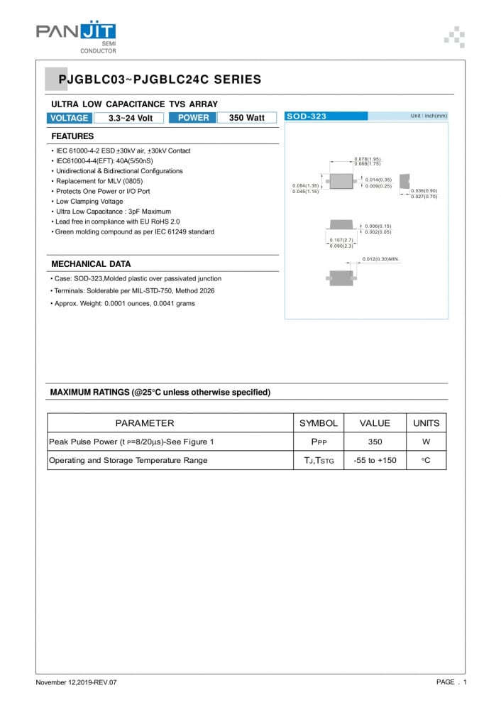 PJGBLC series datasheet page 1