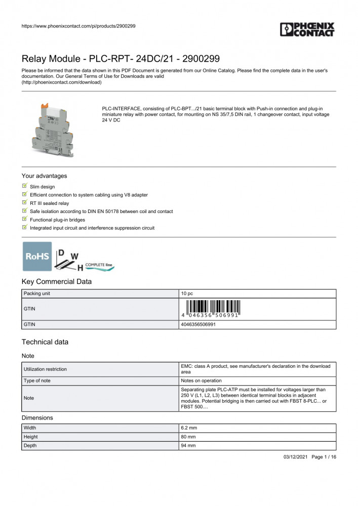 Phoenix Contact 2900299 technical document page 1