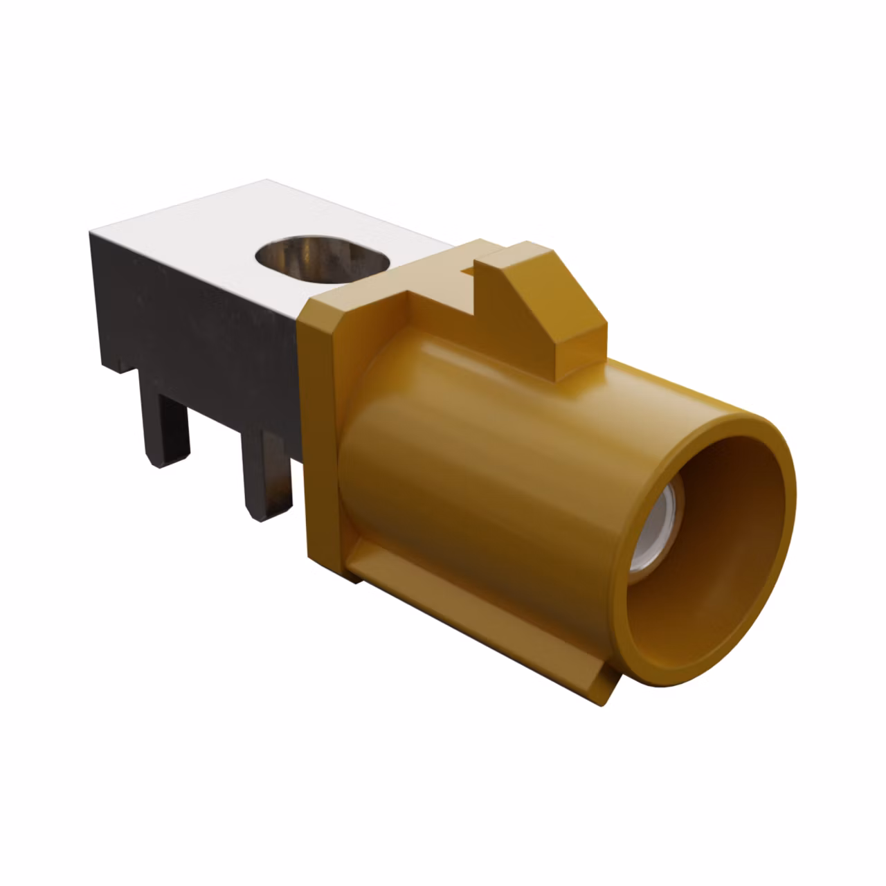 FAKRA Jack, Right-Angle, PCB Receptacle, Through Hole, Die Cast Body, Tin (Sn) Plated, Pin in Paste, Keying Code K, Curry Yellow, Tray, 50 Ohms for sale