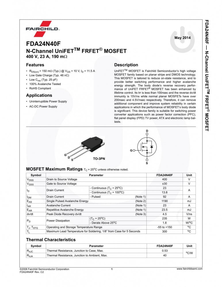 FDA24N40F datasheet page 2