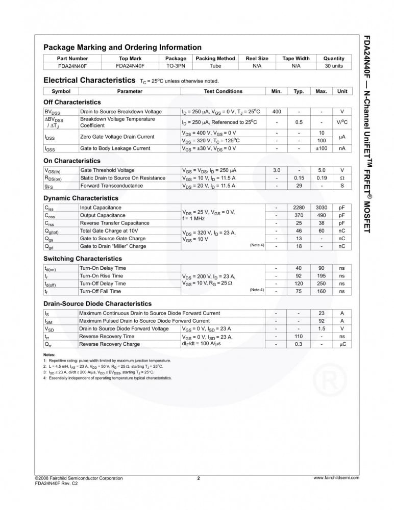 FDA24N40F datasheet page 3